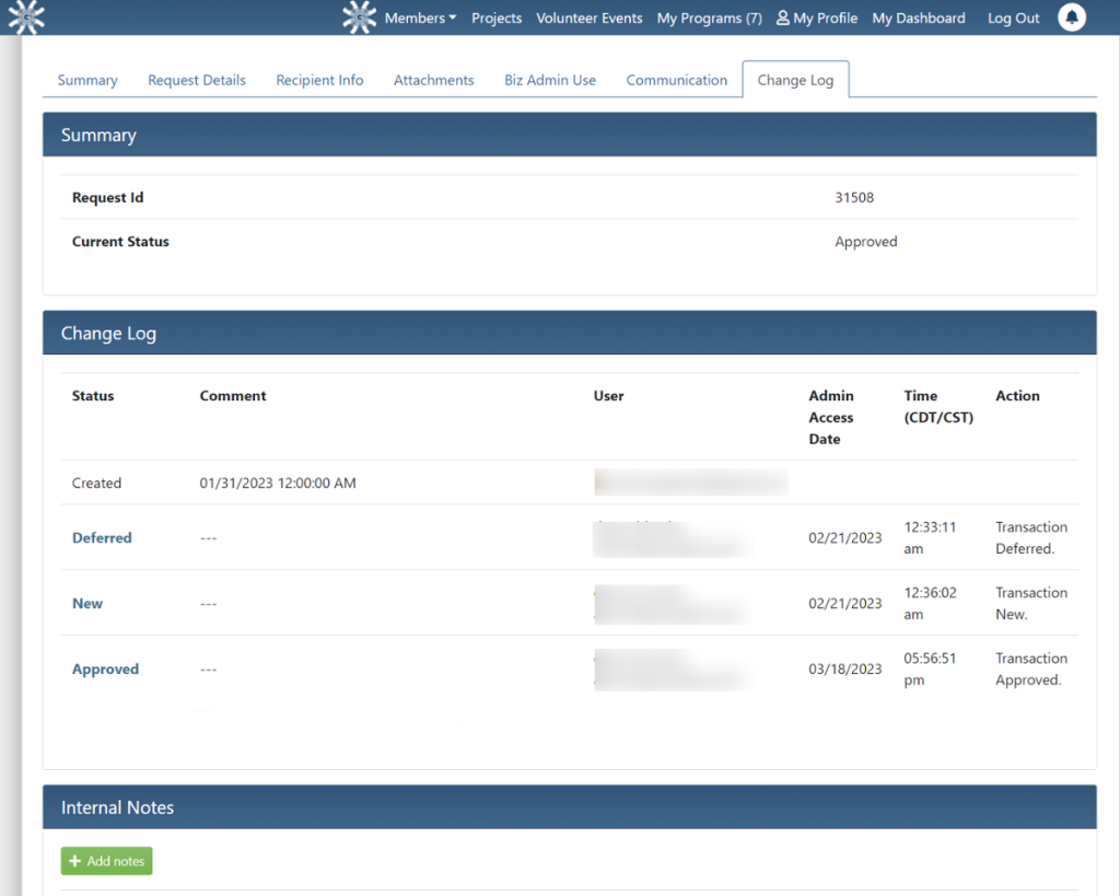Change Log / Internal Notes